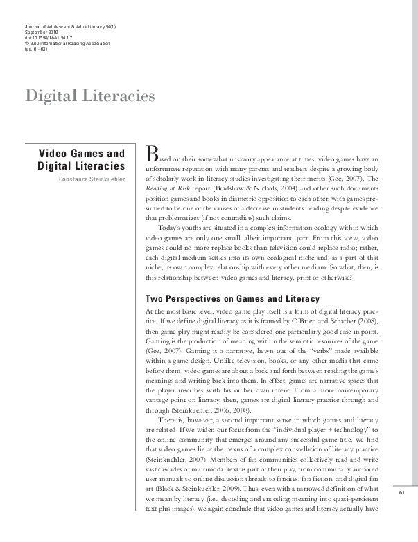 (PDF) Video Games and Digital Literacies