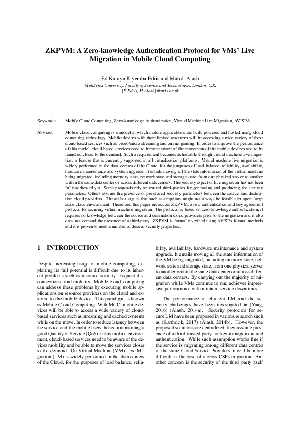 (PDF) ZKPVM: A Zero-knowledge Authentication Protocol for VMs' Live Migration in Mobile Cloud ...