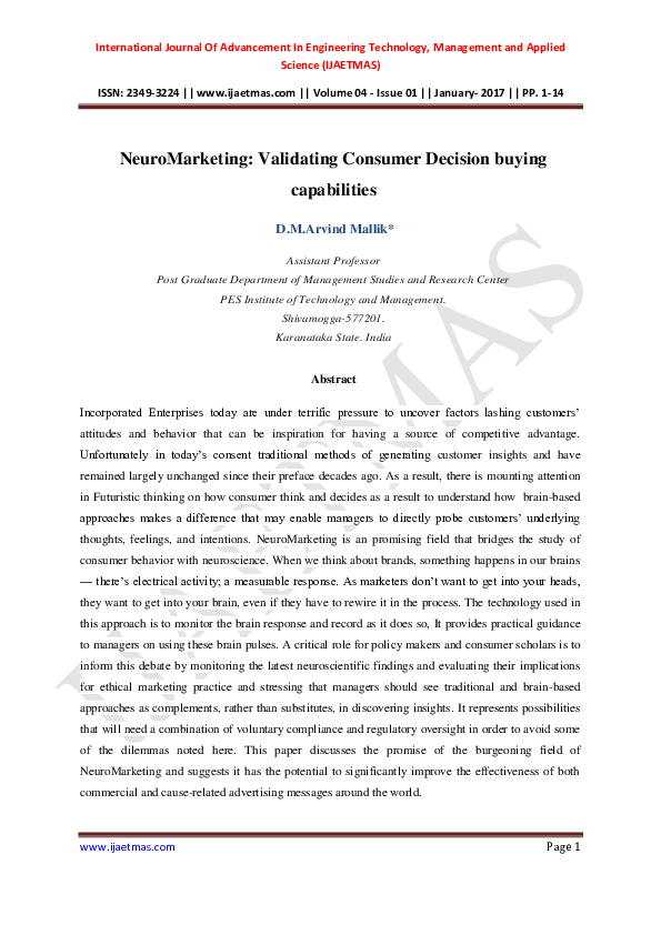 (DOC) NeuroMarketing: Validating Consumer Decision buying capabilities