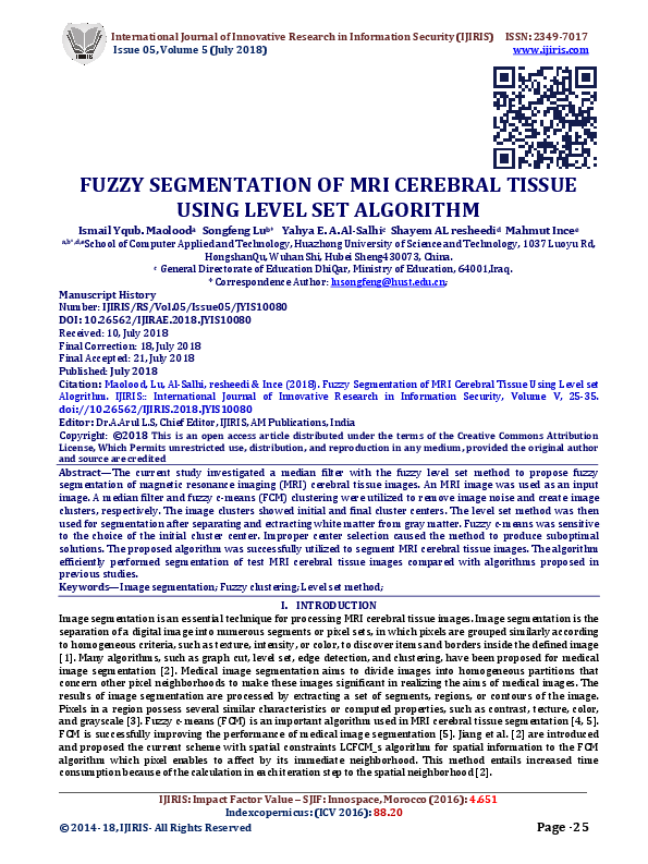 Pdf Fuzzy Segmentation Of Mri Cerebral Tissue Using Level Set Algorithm