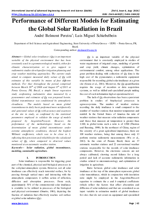 Pdf Performance Of Different Models For Estimating The Global Solar Radiation In Brazil