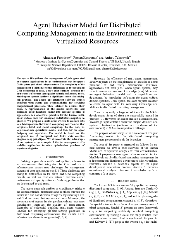 (PDF) Agent Behavior Model for Distributed Computing Management in the Environment with ...