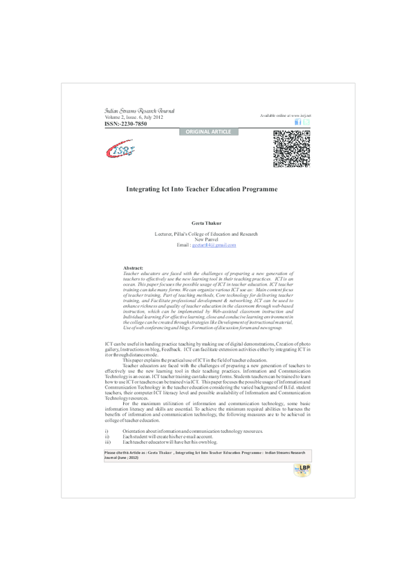 (PDF) INTEGRATING ICT INTO TEACHER EDUCATION PROGRAMME