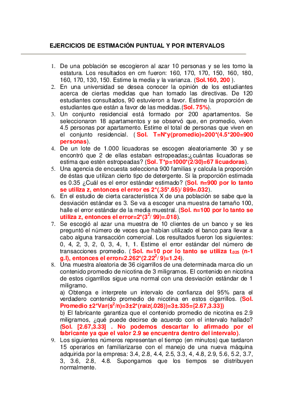 (PDF) EJERCICIOS DE ESTIMACIÓN PUNTUAL Y POR INTERVALOS