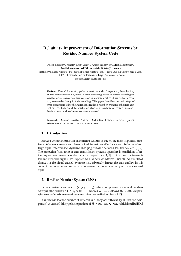 (PDF) Reliability Improvement of Information Systems by Residue Number System Code