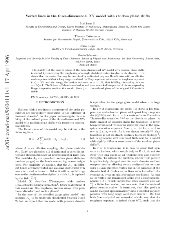 Pdf Vortex Lines In The Three Dimensional Xy Model With Random Phase
