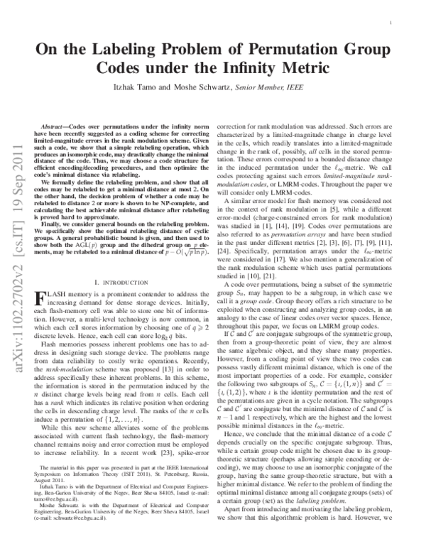 (PDF) On the labeling problem of permutation group codes under the infinity metric
