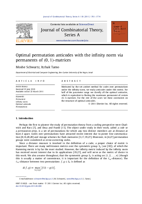 (PDF) Optimal permutation anticodes with the infinity norm via permanents of -matrices