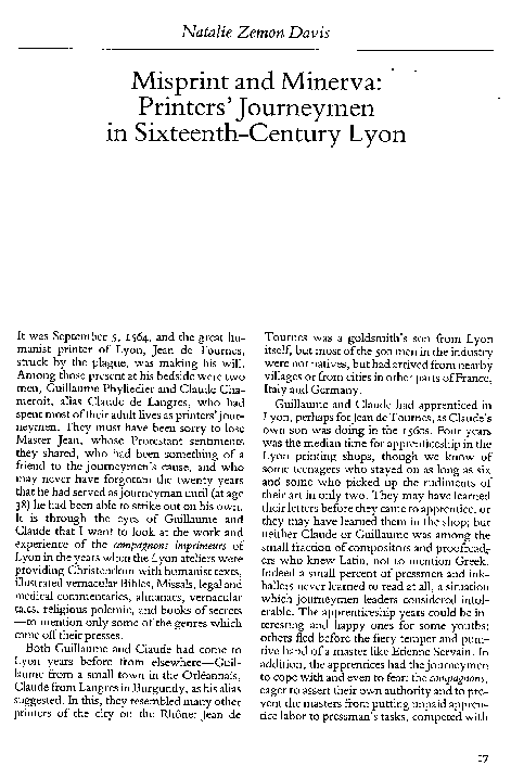 (PDF) Natalie Zemon Davis, “Misprint and Minerva: Printers’ Journeymen ...