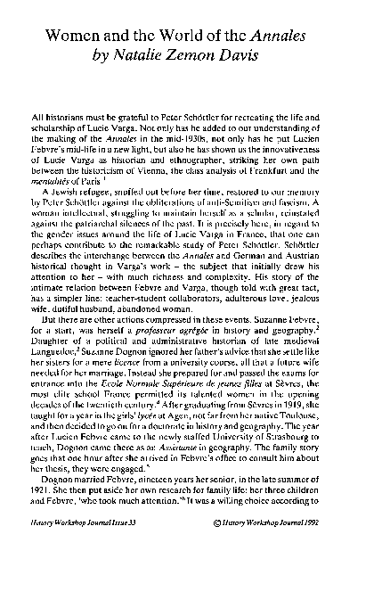 (PDF) Natalie Zemon Davis, “Women and the World of the Annales ...