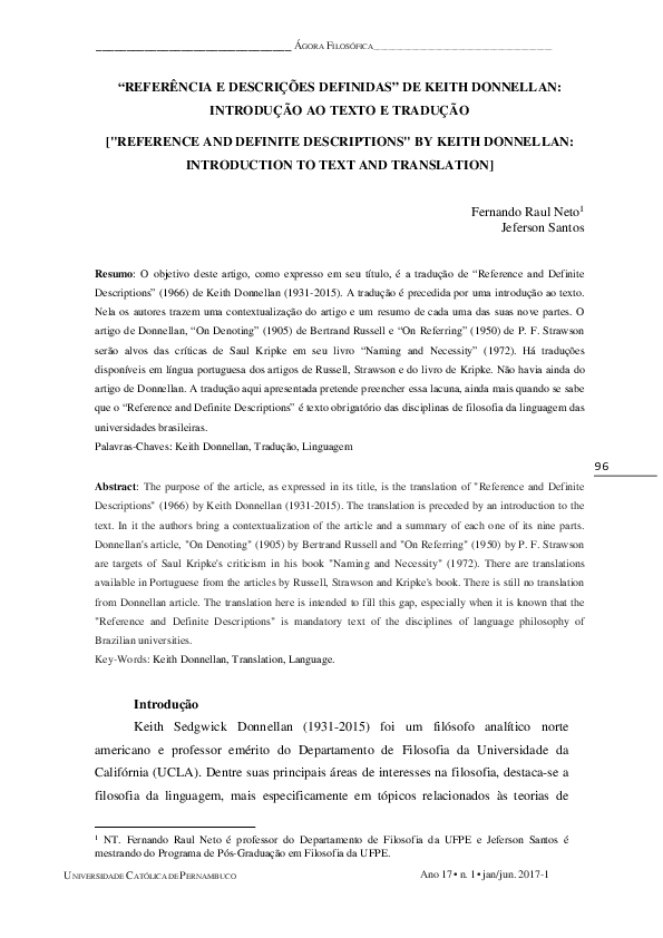 (PDF) " REFERÊNCIA E DESCRIÇÕES DEFINIDAS " DE KEITH DONNELLAN ...