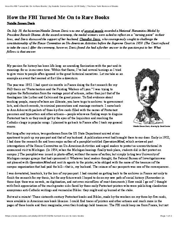 (PDF) Natalie Zemon Davis, “How the FBI Turned Me on to Rare Books ...