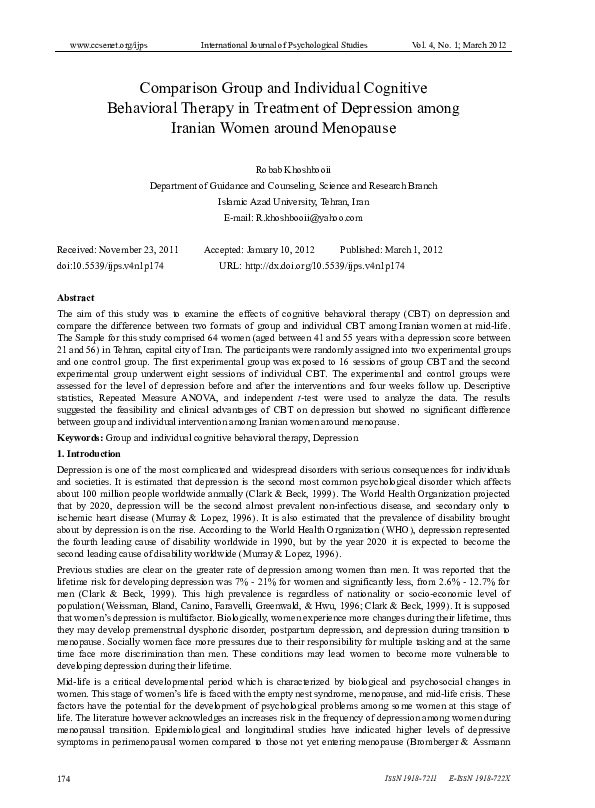 (PDF) Comparison Group and Individual Cognitive Behavioral Therapy in Treatment of Depression ...