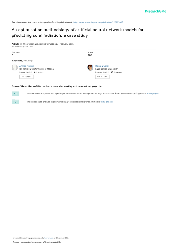 Pdf An Optimisation Methodology Of Artificial Neural Network Models For Predicting Solar