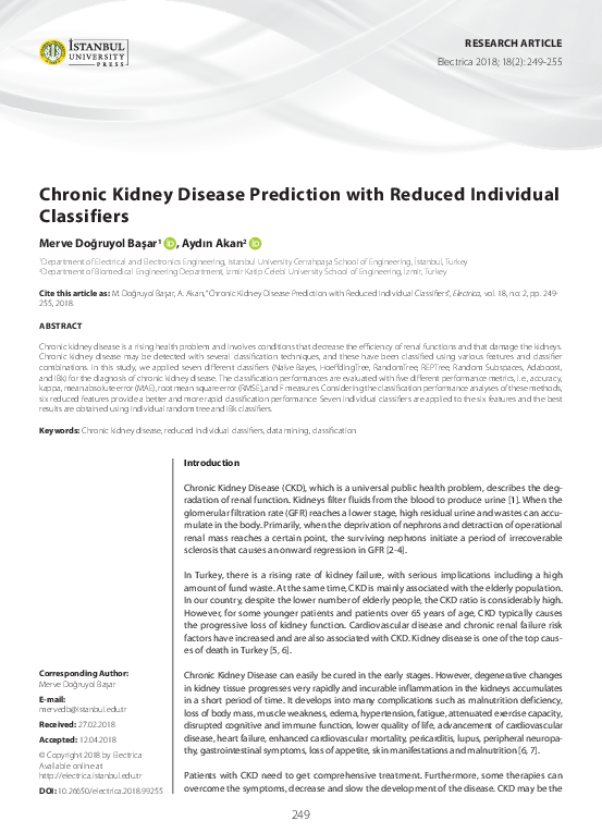 (PDF) Chronic Kidney Disease Prediction with Reduced Individual Classifiers