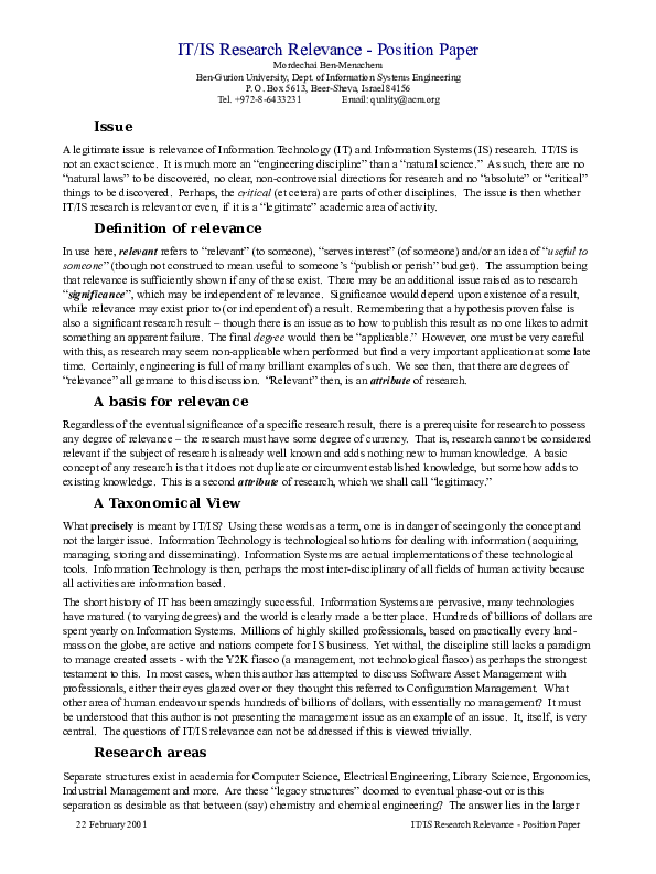 (DOC) IT/IS Research Relevance Position Paper