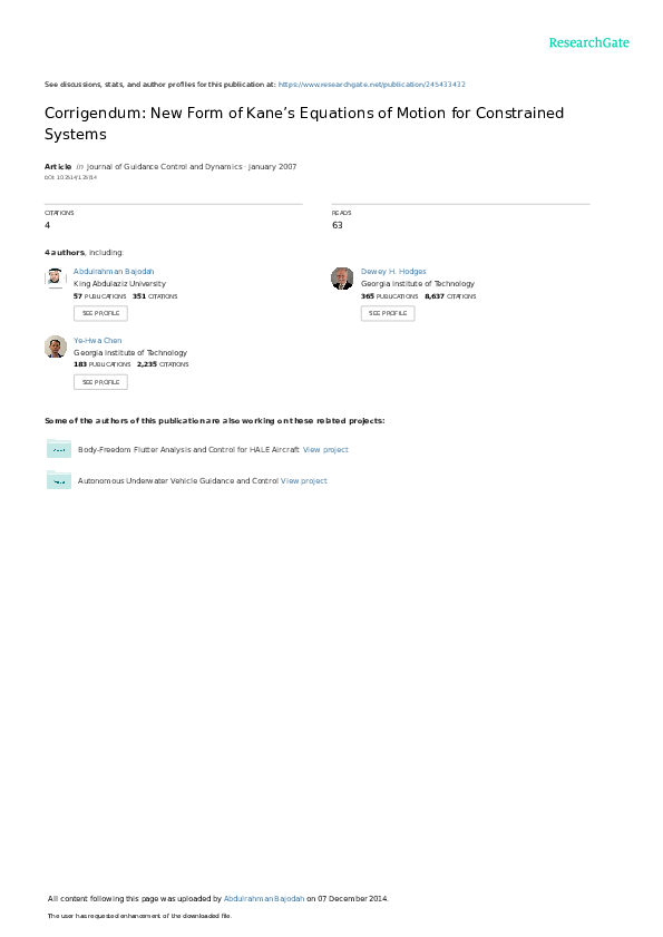 (PDF) Corrigendum: New Form of Kane's Equations of Motion for ...