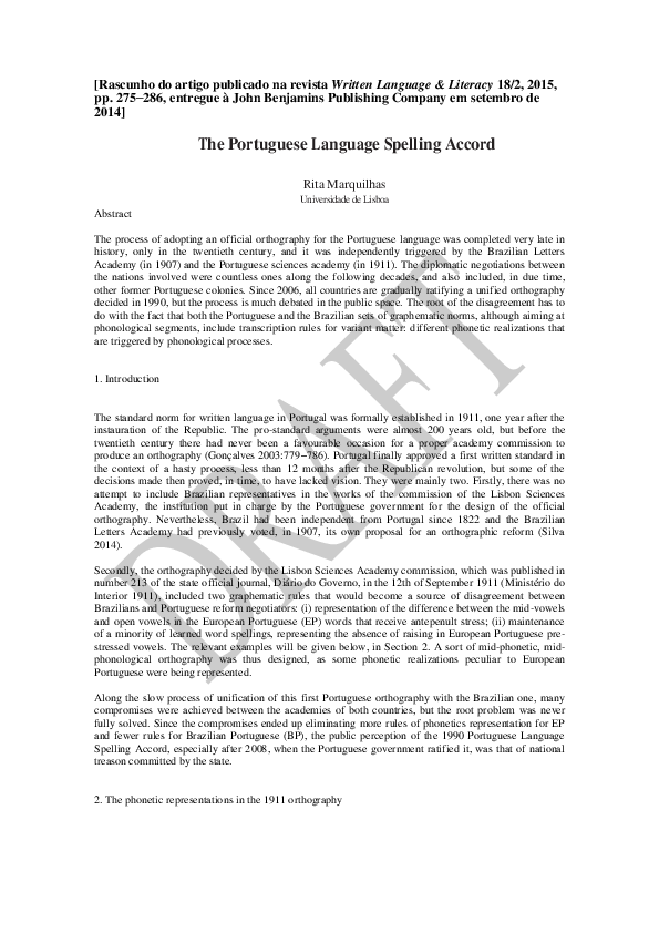(PDF) The Portuguese Language Spelling Accord (draft)