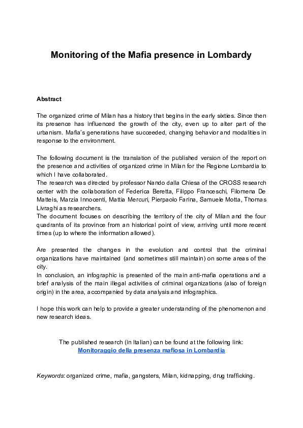 (PDF) Monitoring of the Mafia presence in Lombardy