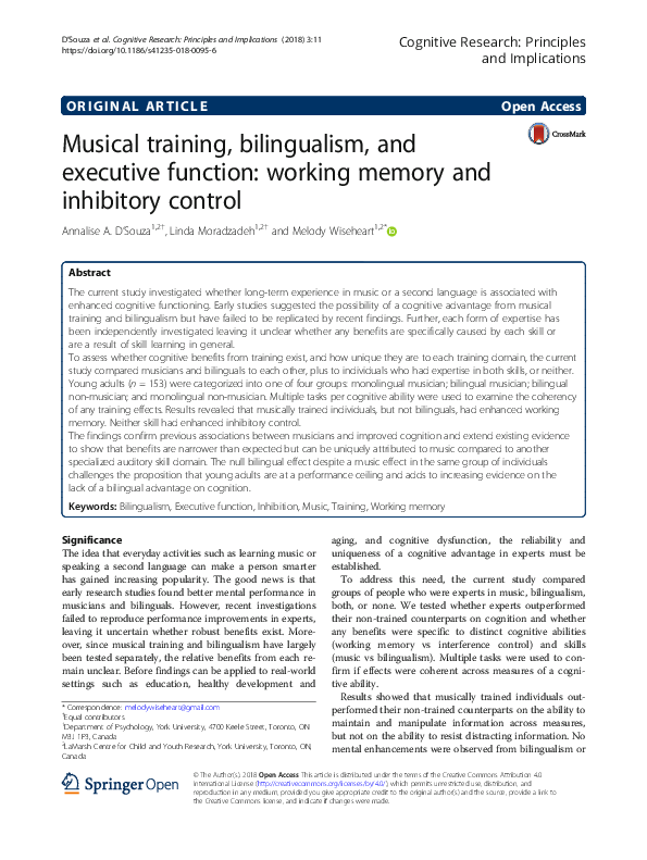 (PDF) Musical training, bilingualism, and executive function: working memory and inhibitory control
