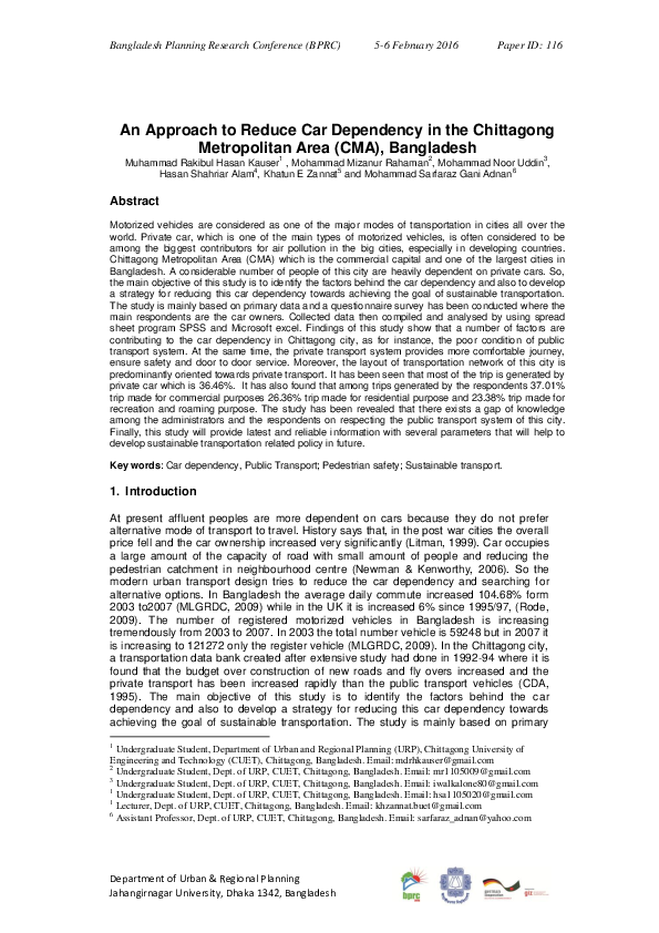 (PDF) An Approach to Reduce Car Dependency in the Chittagong ...