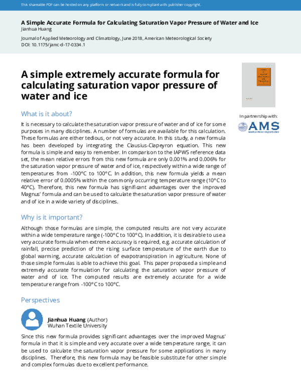 (PDF) A simple accurate formula for calculating saturation vapor ...