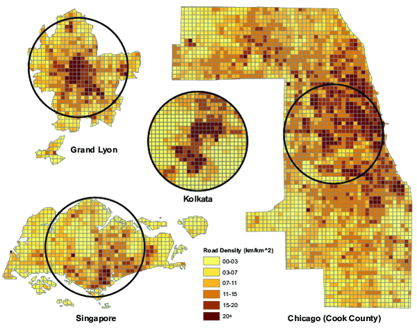 (PDF) Map of Road Density in Lyon, Chicago, Kolkata and Singapore