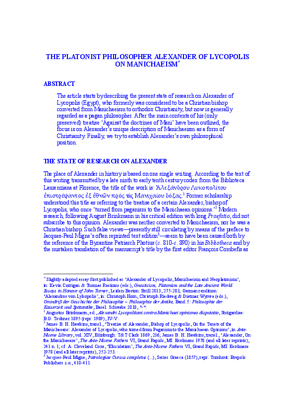 (PDF) THE PLATONIST PHILOSOPHER ALEXANDER OF LYCOPOLIS ON MANICHAEISM ...