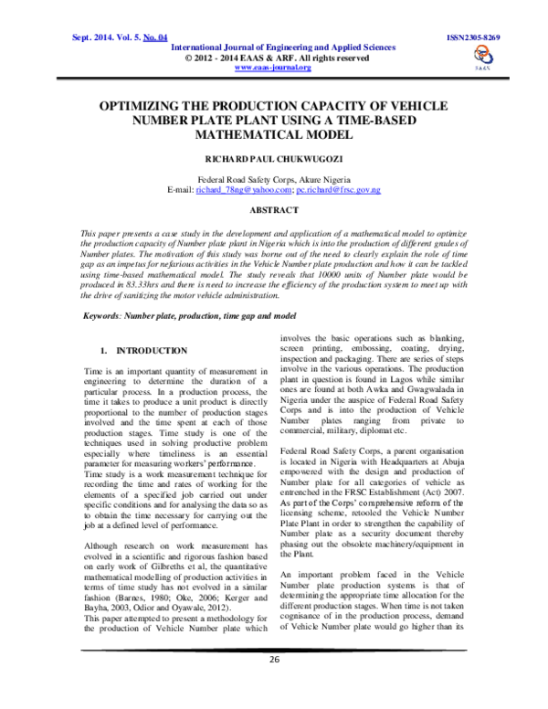 (PDF) OPTIMIZING THE PRODUCTION CAPACITY OF VEHICLE NUMBER PLATE PLANT ...