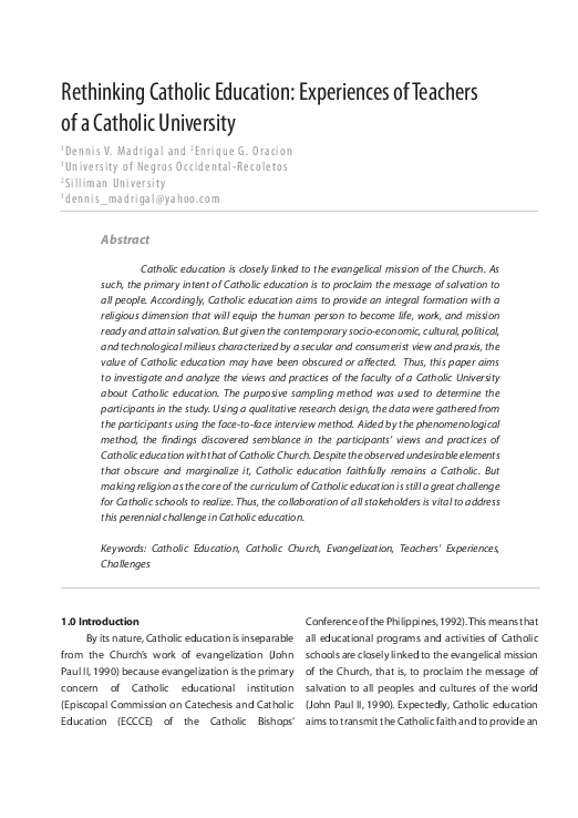 Pdf Rethinking Catholic Education Experiences Of Teachers Of A
