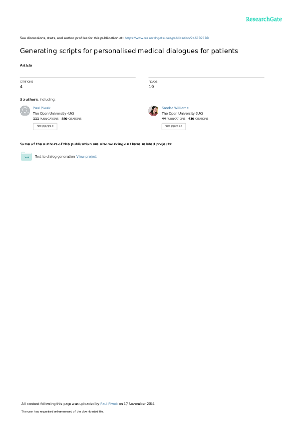 (PDF) Generating scripts for personalised medical dialogues for patients