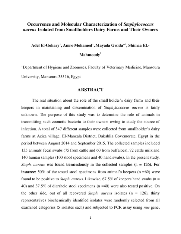 Pdf Occurrence And Molecular Characterization Of Staphylococcus Aureus Isolated From