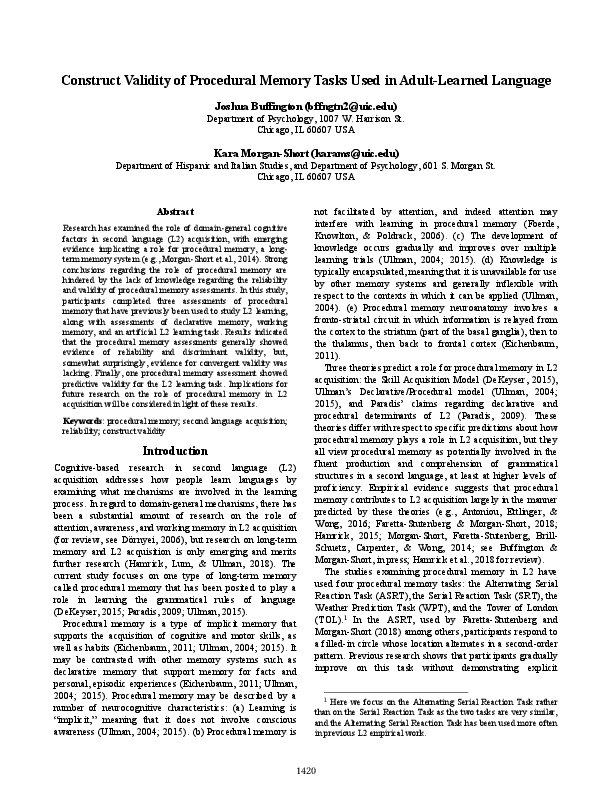(PDF) Construct Validity of Procedural Memory Tasks Used in Adult-Learned Language