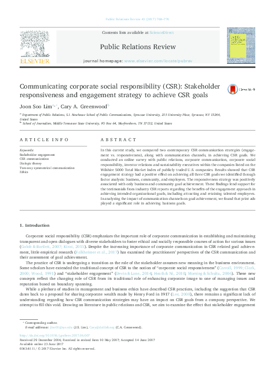 (PDF) Communicating corporate social responsibility (CSR): Stakeholder ...