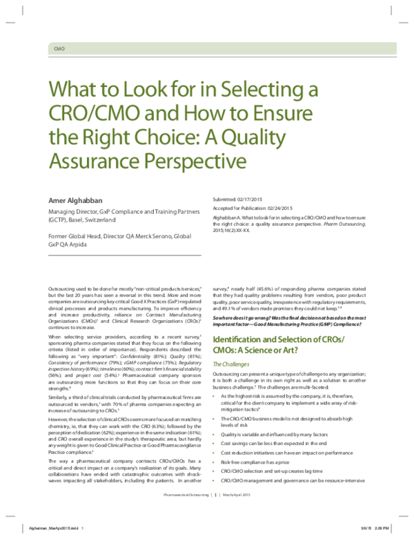 (PDF) What to Look for in Selecting a CRO/CMO and How to Ensure the ...