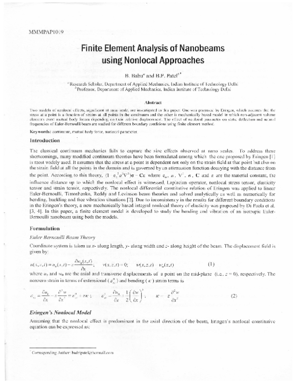 Pdf Finite Element Analysis Of Nanobeams Using Nonlocal Approaches