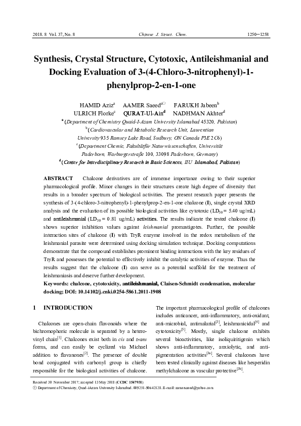(PDF) Synthesis, Crystal Structure, Cytotoxic, Antileishmanial and Docking Evaluation of 3-(4 ...