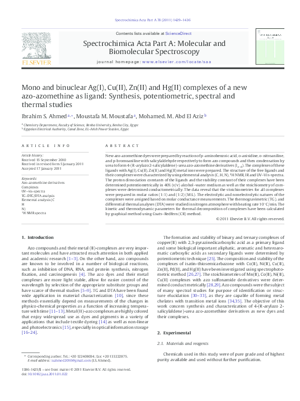 (PDF) Mono and binuclear Ag(I), Cu(II), Zn(II) and Hg(II) complexes of a new azo-azomethine as ...