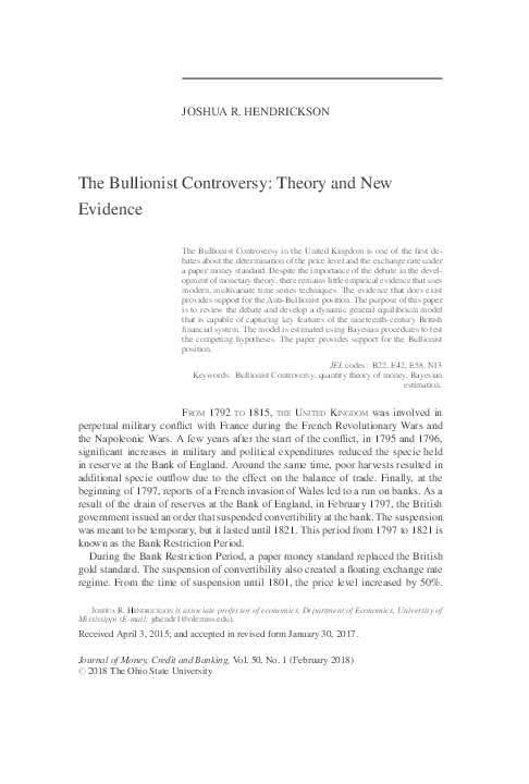 (PDF) The Bullionist Controversy: Theory and New Evidence