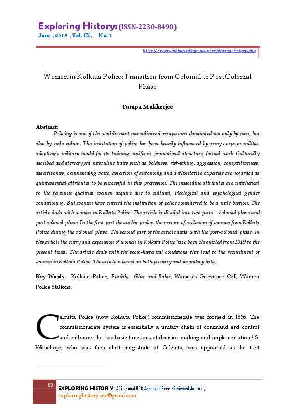 (PDF) Women in Kolkata Police: Transition from Colonial to Post ...