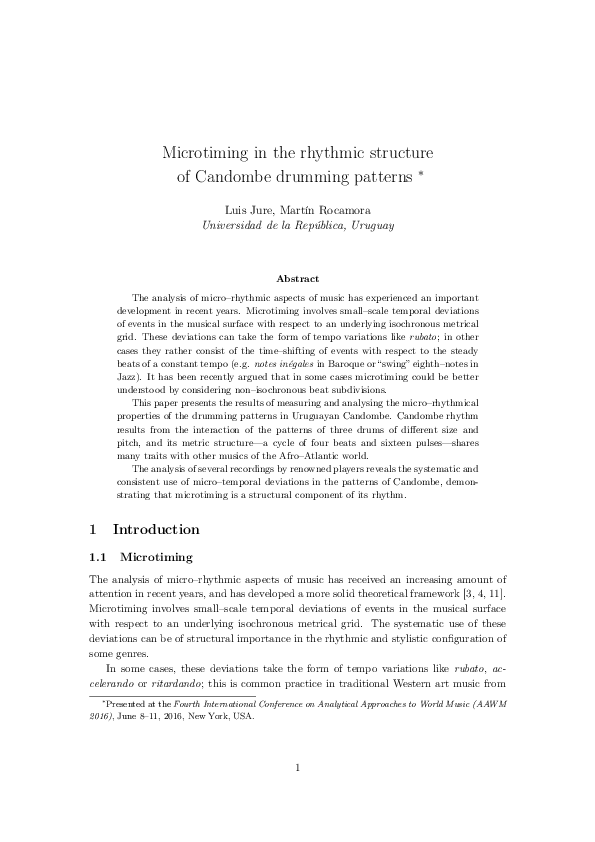 (PDF) Microtiming in the rhythmic structure of Candombe drumming patterns