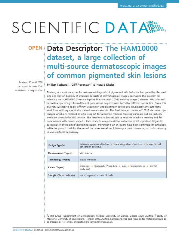 (PDF) The HAM10000 dataset, a large collection of multi-source dermatoscopic images of common ...