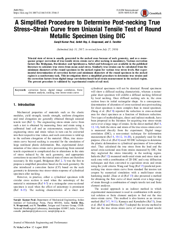 (PDF) A Simplified Procedure to Determine Post-necking True Stress ...