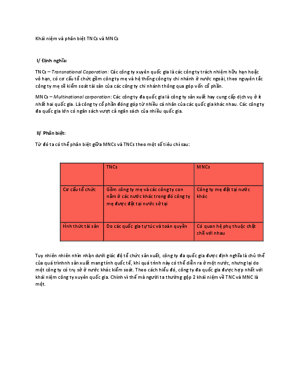 (DOC) Khái niệm và phân biệt TNCs và MNCs