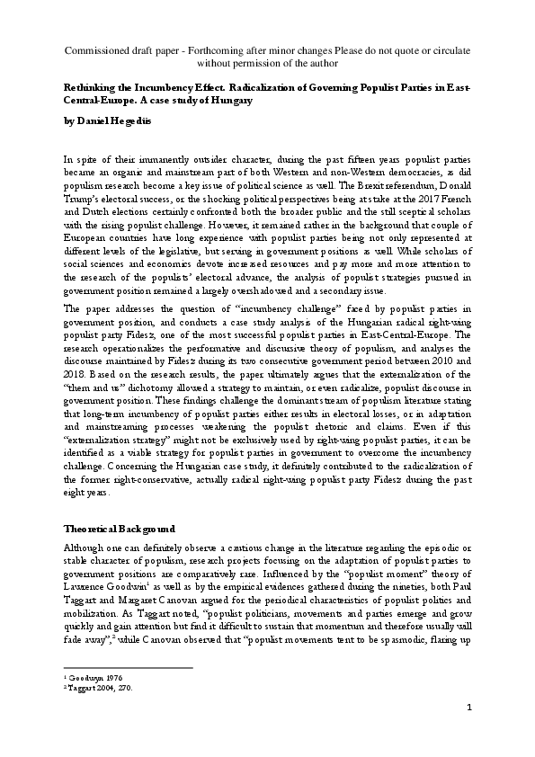 (PDF) Rethinking the Incumbency Effect. Radicalization of Governing Populist Parties in East ...