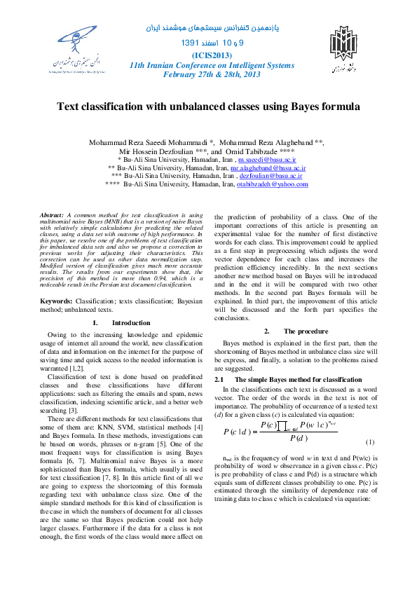 (PDF) Text classification with unbalanced classes using Bayes formula
