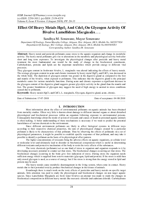 (PDF) Effect Of Heavy Metals Hgcl 2 And Cdcl 2 On Glycogen Activity Of ...