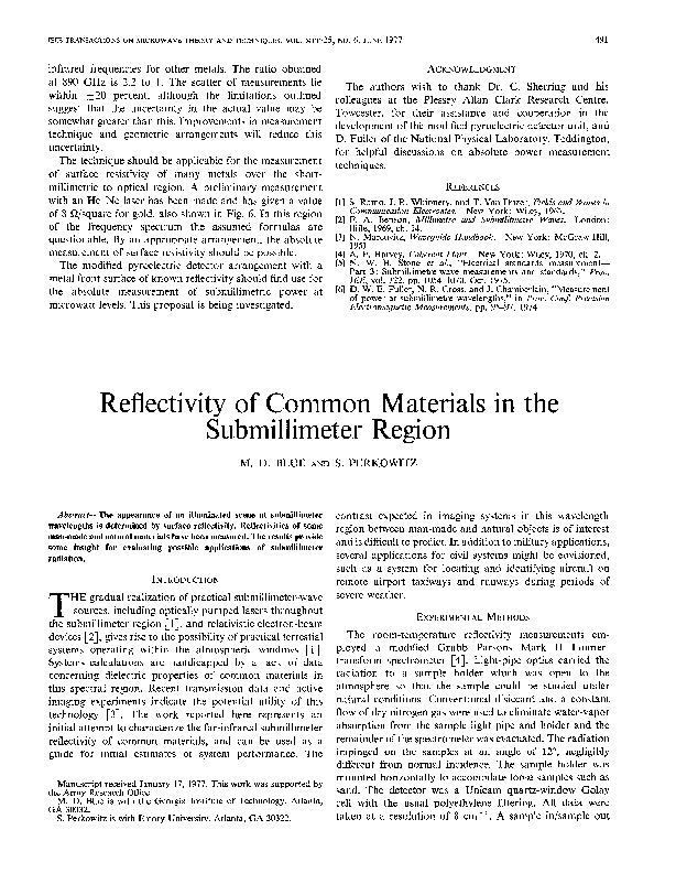 (PDF) Reflectivity of Common Materials in the Submillimeter Region
