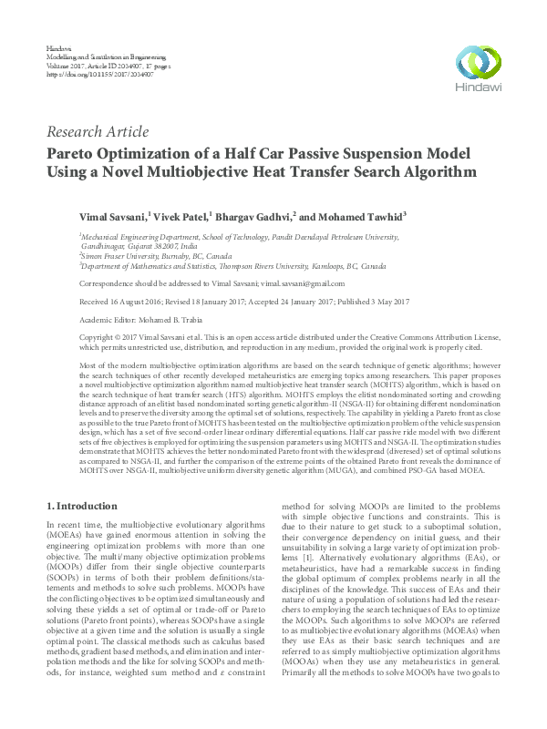Pdf Pareto Optimization Of A Half Car Passive Suspension Model Using A Novel Multiobjective