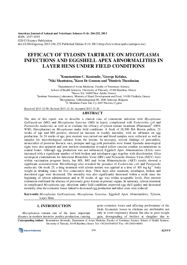 (PDF) EFFICACY OF TYLOSIN TARTRATE ON MYCOPLASMA INFECTIONS AND ...